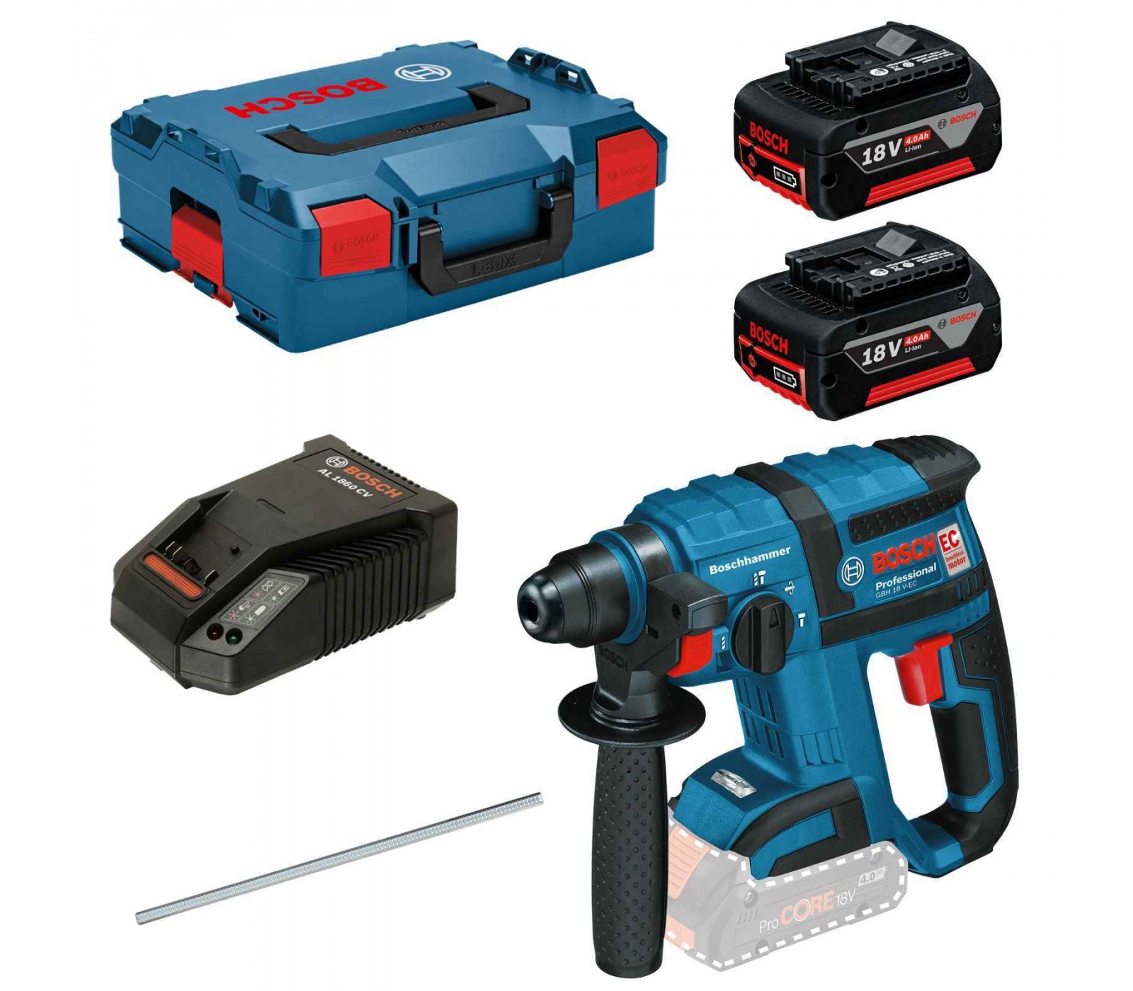 Akumuliatorinio perforatoriaus Bosch GBH 18 V-EC rinkinys, 18 V, SDS plus, 1,7 J, 2 x 4 Ah ...